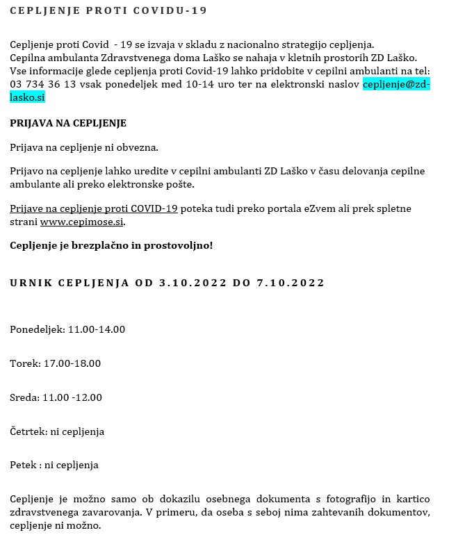 ZD Laško objavlja urnik cepljenja proti covid-19 - lasko.si